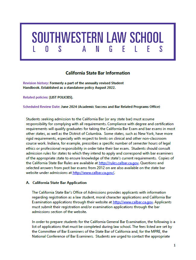 California State Bar Information | Southwestern Law School